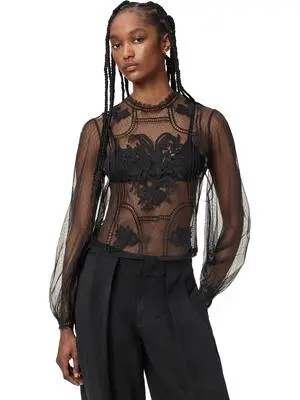ALLSAINTS Cesca Sheer Embroidered Top - Black