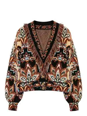 Farm Rio Fringe-trim Intarsia-knit Cardigan - Neutrals