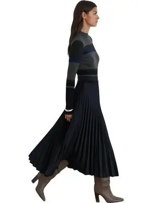 REISS Striped Knit Mix Pleated Midi Dress - Grey