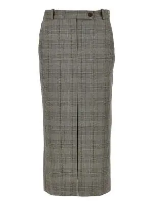 Pinko Wool-blend Midi Skirt With Check Motif - Brown