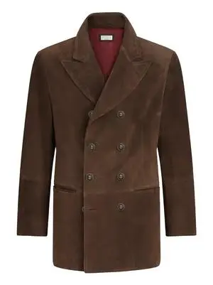 Brunello Cucinelli Suede Peak Lapel Double Breasted Blazer Jacket - Brown