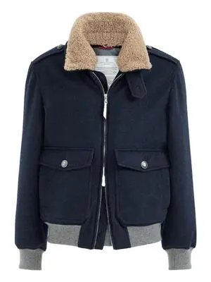 Brunello Cucinelli Cashmere Beaver Cloth Bomber Jacket With Detachable Shearling Collar - Blue