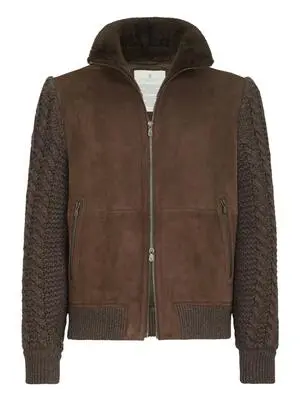 Brunello Cucinelli Suede Shearling And Cashmere Knit Bomber Jacket With Thermore Padding - Brown