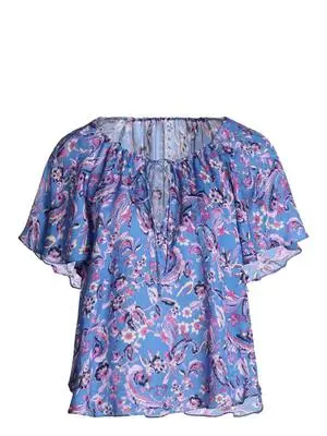 Isabel Marant Étoile Isabel Marant Floral-Print Jacquard Satin Ruched Top Blue