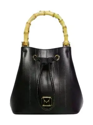 Marella Bamboo Handle Reptile Embossed Bucket Bag - Black