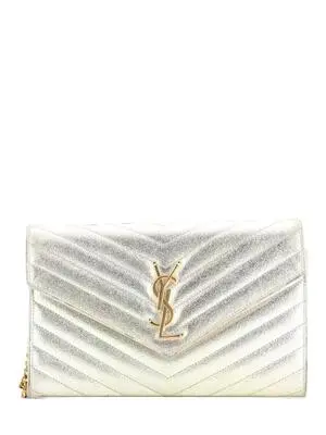 Saint Laurent Classic Monogram Wallet On Chain Matelasse Chevron Metallic Leather Medium Crossbody Bag Silver