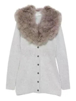 Blumarine Faux-fur Collar Ribbed Cardigan - Grey