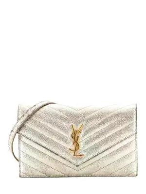 Saint Laurent Classic Monogram Wallet On Chain Matelasse Chevron Metallic Leather Small Crossbody Bag Silver