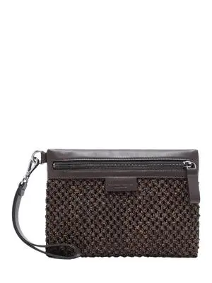 Giorgio Armani Raffia Clutch Bag With Leather Details - Brown