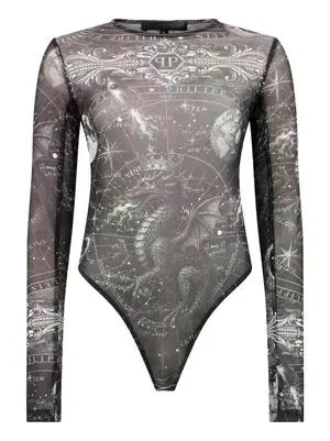 Philipp Plein Zodiac-print Tulle Bodysuit - Black