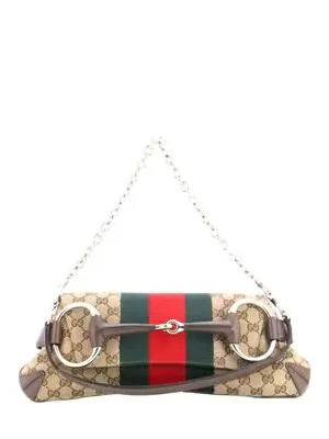 Gucci Horsebit Web Chain Clutch Gg Canvas Medium Shoulder Bag - Brown