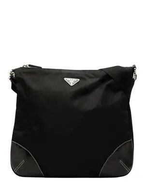Prada 2013-2026 Vitello Trimmed Tessuto Zip Top Crossbody Bag - Black