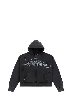 LOSTSHDWS Script-print Distressed Zip-up Hoodie - Black