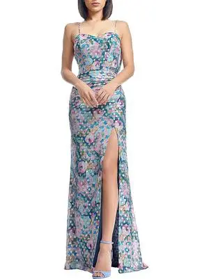 DRESS THE POPULATION Dress The Population Drae Spaghetti Strap Floral Print Open Back High Slit Gown