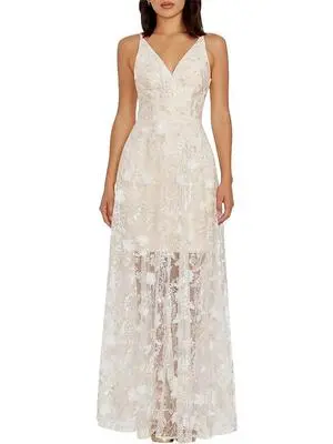 Dress The Population Sidney V-neck 3d Floral Sequin Sheer Overlay Gown - White Multi