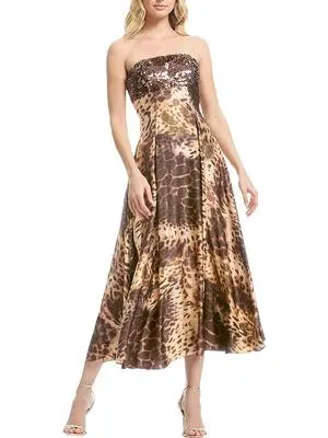 DRESS THE POPULATION Dress The Population Miranda Strapless Sequin Bustier Leopard Print Midi Dress