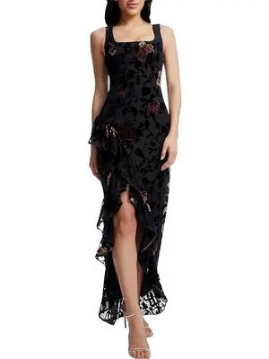 Dress The Population Charlene Square Neck Floral Velvet Ruffle Gown - Black Multi