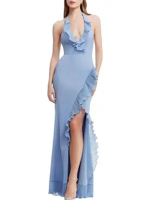 Dress The Population Kathleen Halter Plunge Ruffle Slit Gown - Sky