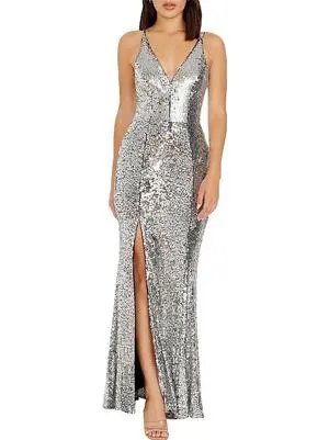 Dress The Population Iris V-neck Sequin High Slit Mermaid Gown - Silver