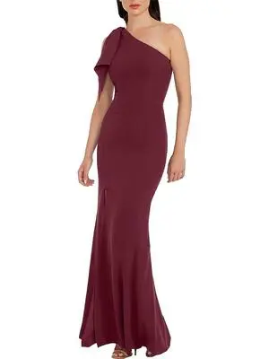 Dress The Population Dress The Population Georgina One Shoulder Bow Ruffle Gown Burgundy