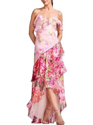 Dress The Population Lumi Spaghetti Strap Floral Print Cold Shoulder Ruffle Gown - Blush Multi