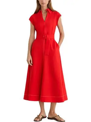 REISS Belted Short Sleeve Midi Dress - Red