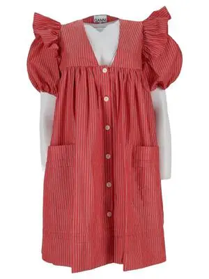 GANNI Striped Puff Sleeve Button Front Dress - Red