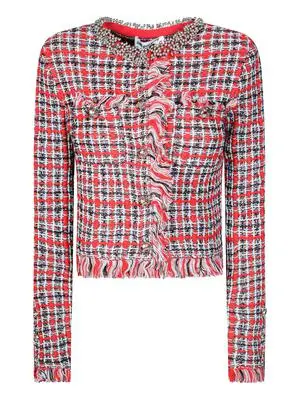 SELF-PORTRAIT Check Frayed Knit Jacket - Rosso