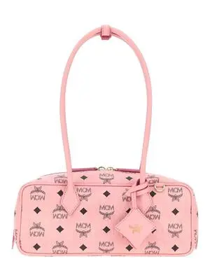 Mcm Aren Shoulder Bag In Visetos Logo Coated Cotton Pink