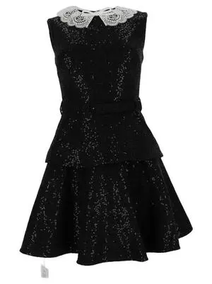 SELF-PORTRAIT Lace Collar Sequin Fit-and-flare Mini Dress - Black