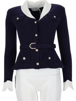 SELF-PORTRAIT SELF-PORTRAIT Pearl-Trim Ribbed Knit Cardigan With Belt