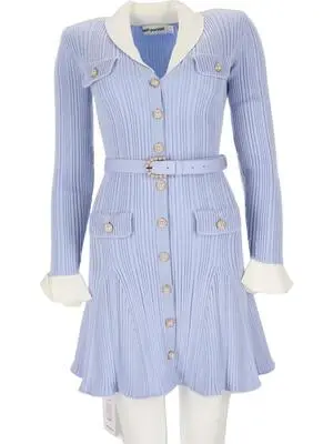 SELF-PORTRAIT Ribbed Knit Button-front Mini Dress - Blue