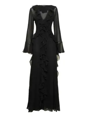 Blumarine Cotton Silk Georgette Frill Long Dress - Black