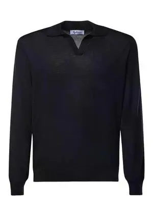 GALIANO Fine Knit Long-sleeve Polo Sweater - Blue