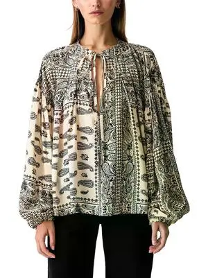 VICOLO Paisley-print Tie-neck Blouse - Black