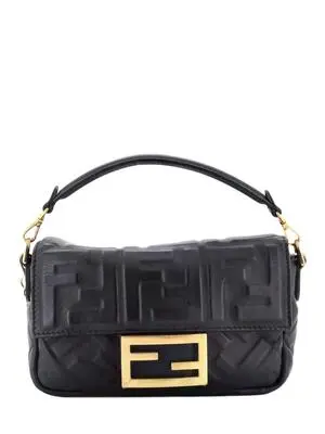 Fendi Baguette Nm Bag Zucca Embossed Leather Mini Cross Body Bag - Black