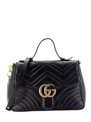 Gucci Gg Marmont Top Handle Flap Bag Matelasse Leather Small Satchel - Black