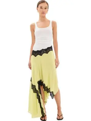 Christopher Esber Cutaway Lace Gathered Tank Silk Dress - Chartreuse/multi