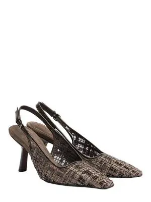 Brunello Cucinelli Beaded Checked Leather-trimmed Slingback Pumps - Brown