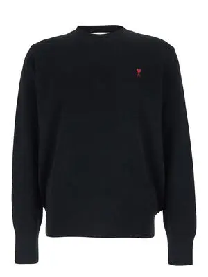 AMI Paris Wool Blend Embroidered Crewneck Sweater - Black