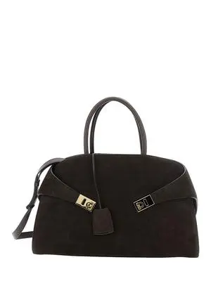 FERRAGAMO FERRAGAMO Hug Bicolor Handbag With Logo And Gancini Buckle In Leather Brown