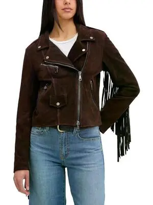 VICOLO Suede Fringe Biker Jacket - Brown