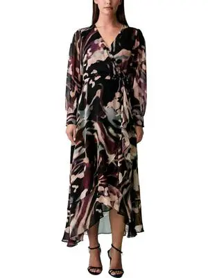 Joseph Ribkoff Abstract-print Wrap Midi Dress - Black
