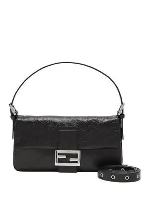 Fendi Glossed Crinkled Leather Baguette - Black