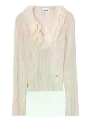 GANNI Ribbed Merino Wool Ruffled V-neck Top - Neutrals
