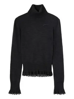 GANNI Merino Wool Lace-trim Turtleneck Sweater - Grey