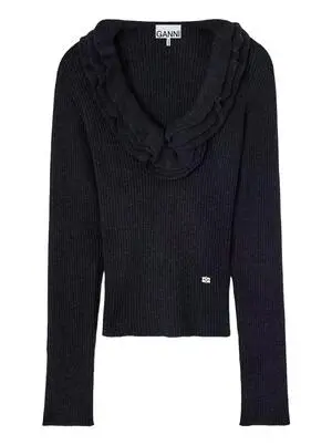 GANNI Ribbed Merino Wool Ruffled V-neck Top - Grey