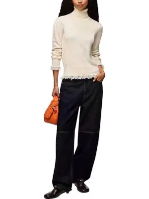 GANNI Merino Wool Fine Knit Turtleneck With Lace Trim - Neutrals