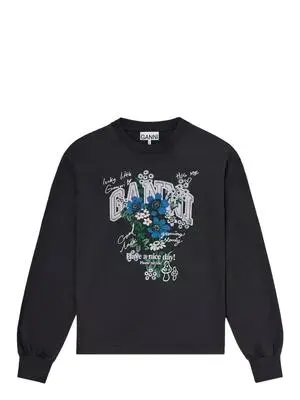 GANNI Floral-print Long-sleeve T-shirt - Black