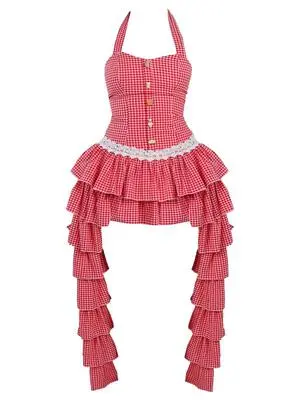 28NATELIER Gingham Halter Mini Dress - Pink/red